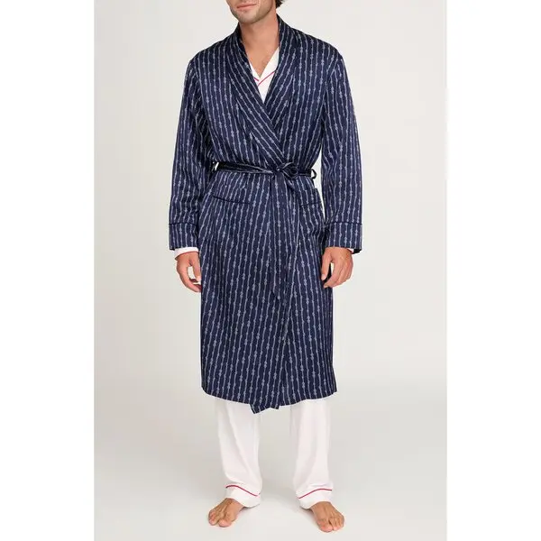 PETITE PLUME Nautical Stripe Mulberry Silk Robe - Navy