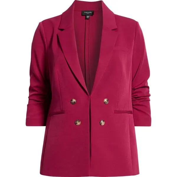 TAHARI ASL Ruched Sleeve Faux Double Breasted Blazer - Berry Bliss