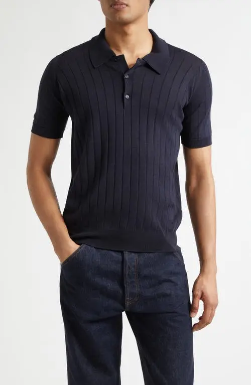 John Smedley Williams Merino Wool & Cotton Polo Sweater - Navy