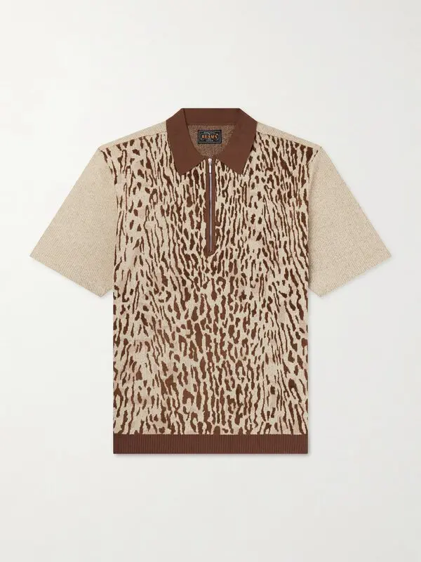 BEAMS Leopard-jacquard Cotton-blend Half-zip Polo Shirt - Neutrals