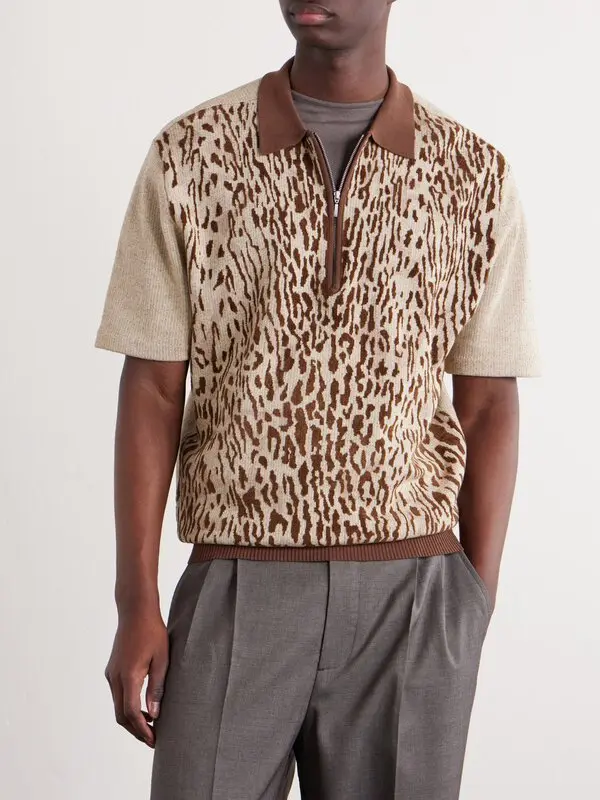 BEAMS Leopard-jacquard Cotton-blend Half-zip Polo Shirt - Neutrals