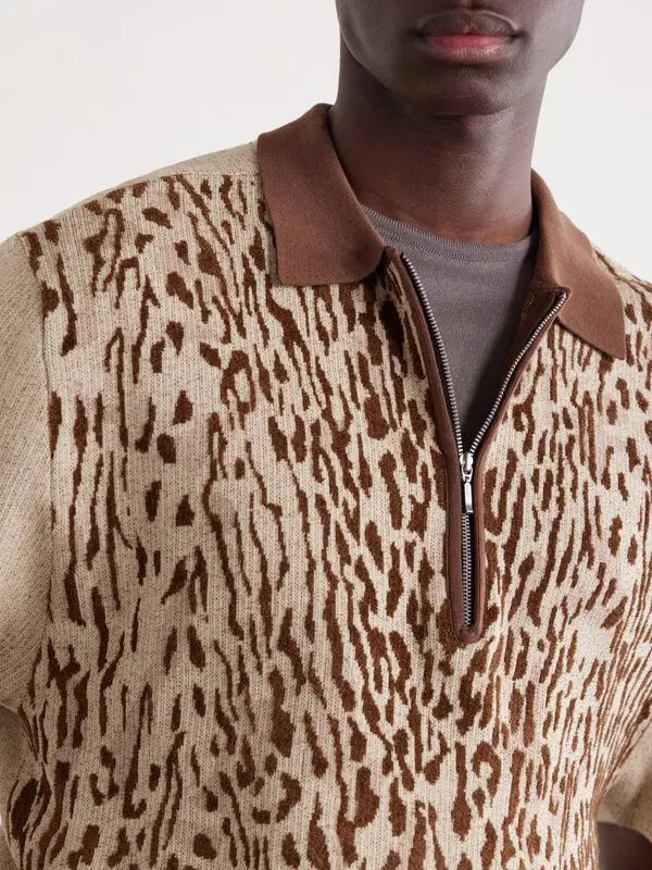 BEAMS Leopard-jacquard Cotton-blend Half-zip Polo Shirt - Neutrals