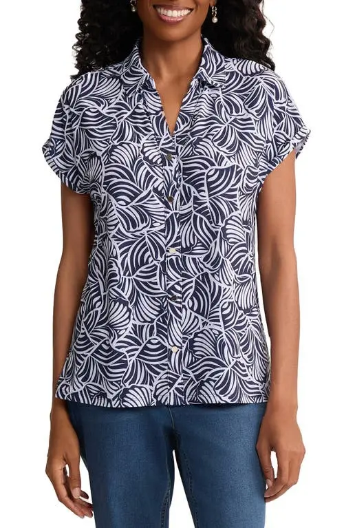 Jones New York Leaf Print Button-up Shirt - Pacific Navy/natural White