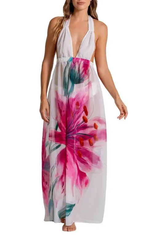 Cosita Linda Floral Print Halter Maxi Dress - White Multi