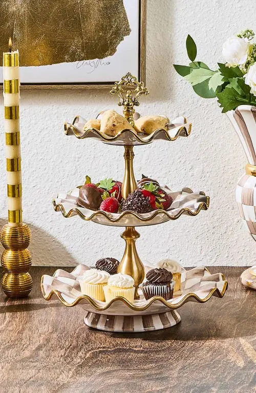 MACKENZIE-CHILDS Check Ceramic Three Tier Sweet Stand
