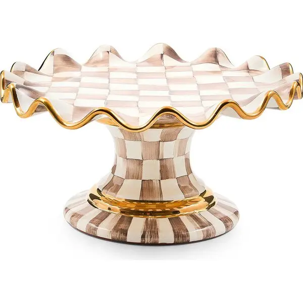 MACKENZIE-CHILDS Check Ceramic Fluted Cake Stand - Mocha