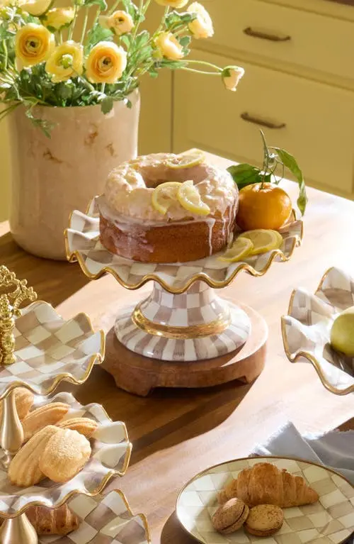 MACKENZIE-CHILDS Check Ceramic Fluted Cake Stand
