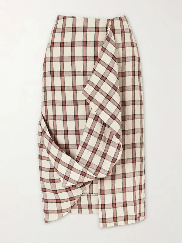 RÓHE Draped Checked Linen Midi Skirt - Brown