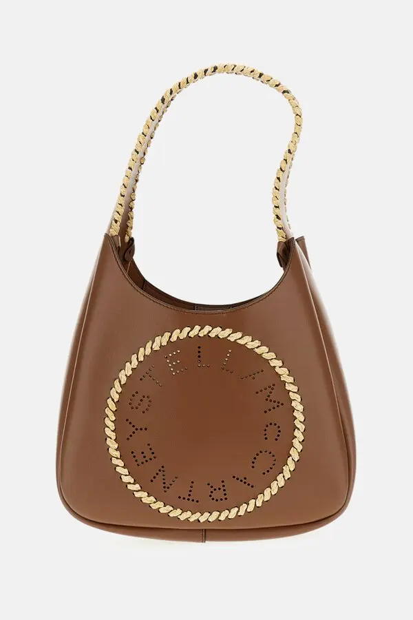 Stella McCartney Small Hobo Bag With Raffia Logo - Marrone