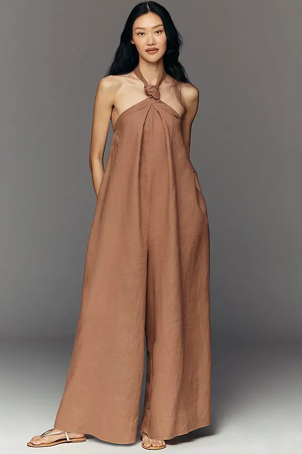 Anthropologie 100% Linen Halter-neck Jumpsuit - Wild Mushroom
