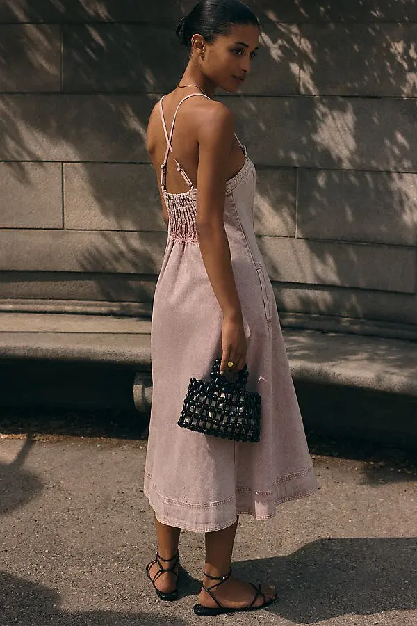 PILCRO Square-neck Apron Denim Midi Dress - Washed Rose