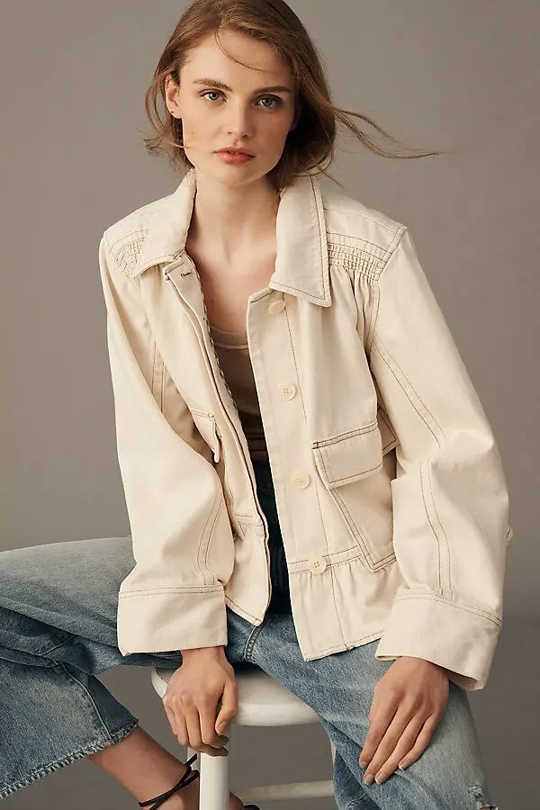 Anthropologie Swingy Smocked Chore Coat Jacket - Ecru