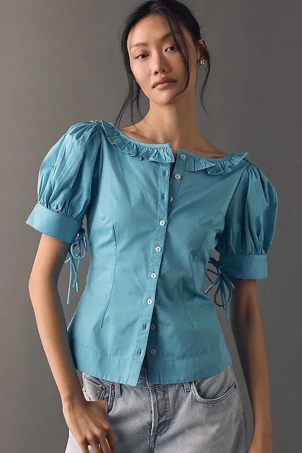 DAMSON MADDER Anke Organic Cotton Puff-sleeve Blouse - Blue