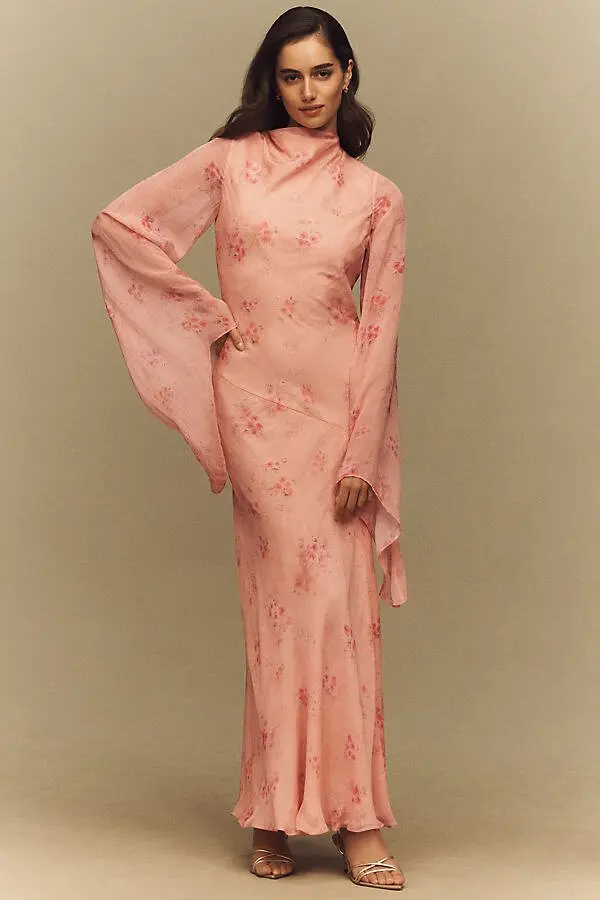 Bhldn Sheer Sleeve Gown - Peach Print