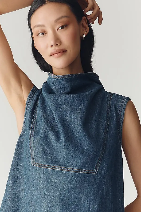 PILCRO Sleeveless Mock-neck Denim Mini Dress - Dark Denim
