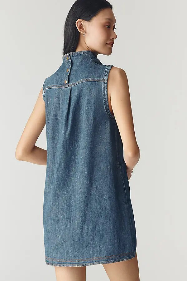 PILCRO Sleeveless Mock-neck Denim Mini Dress - Dark Denim