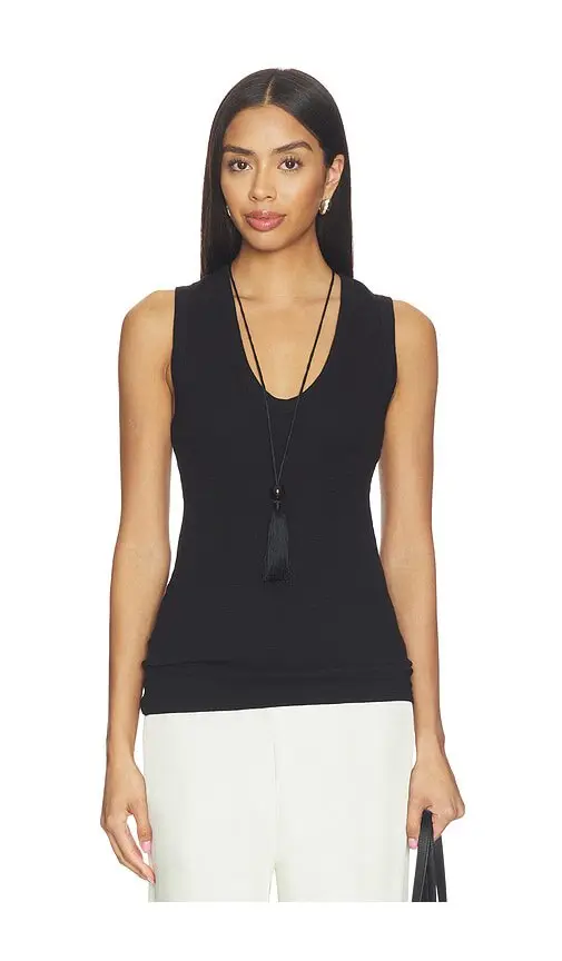 Enza Costa Textured Rib Sleeveless U Top - Black