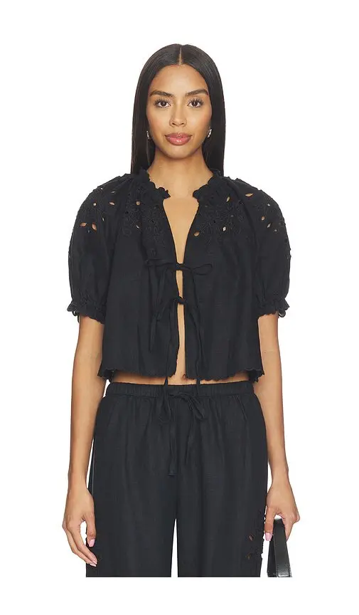 Rails Eyelet Linen Top With Front Tie Closure - Black