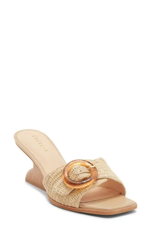 CECILIA NEW YORK Checker Buckle Raffia Wedge Slide Sandal