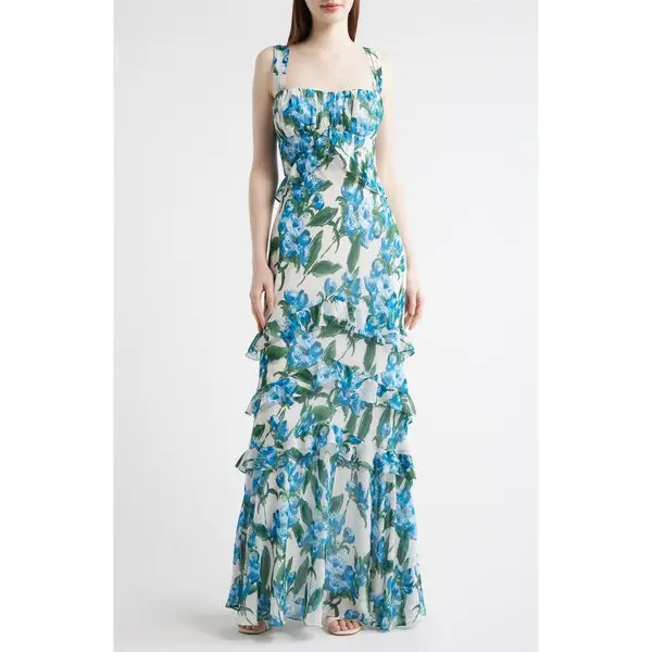 Julia Jordan Floral Ruffle Empire Waist Chiffon Gown - Ivory/blue