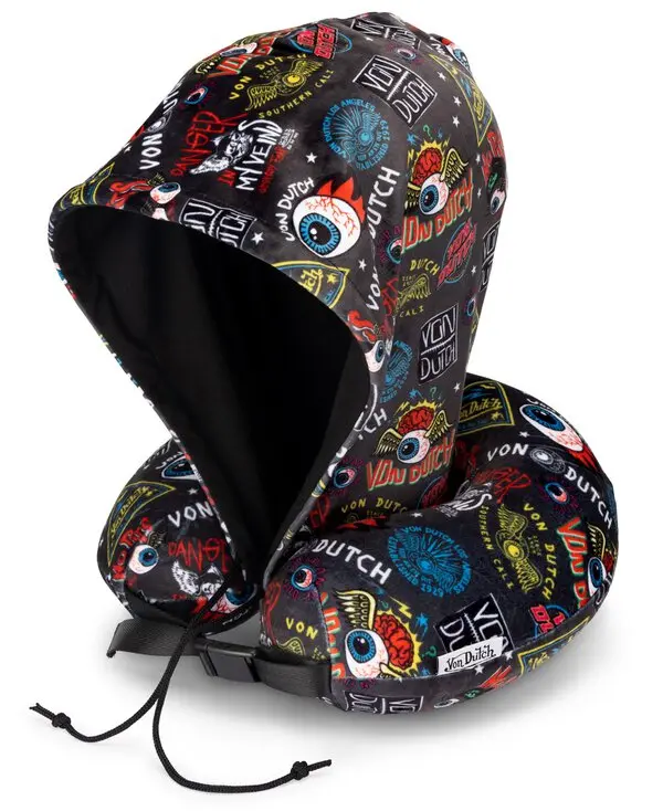 VON DUTCH Jax Hooded Memory Foam 11" Travel Neck Pillow - Black