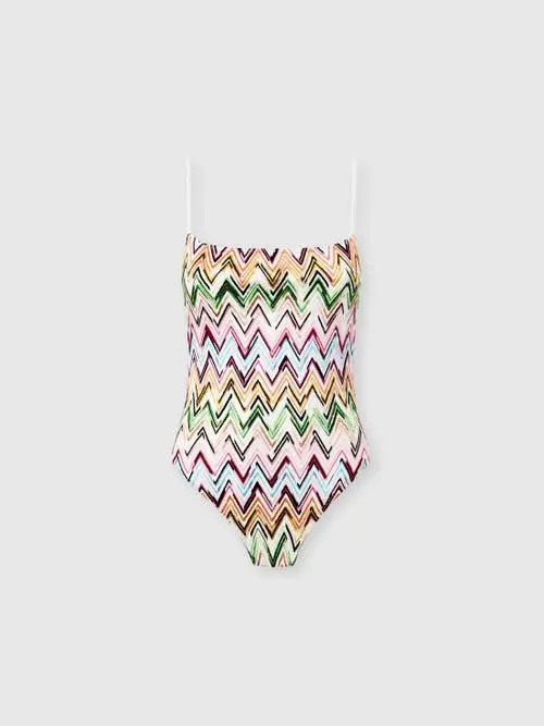 Missoni One-piece Swimsuit In Stretch Viscose With Lace And Zigzag Pattern - Multicoloured
