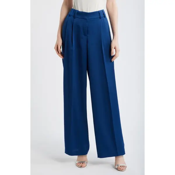 TAHARI ASL Pleated Wide-leg Satin Trousers - Deep River