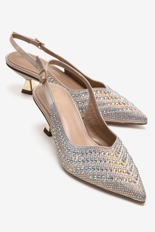 PROLOGUE SHOES Royale Embellished Kitten Heel Slingback Pumps - Beige