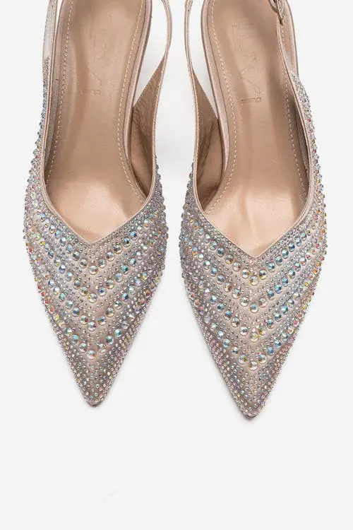 PROLOGUE SHOES Royale Embellished Kitten Heel Slingback Pumps - Beige