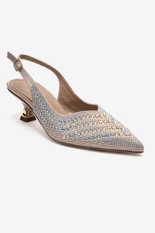 PROLOGUE SHOES Royale Embellished Kitten Heel Slingback Pumps - Beige