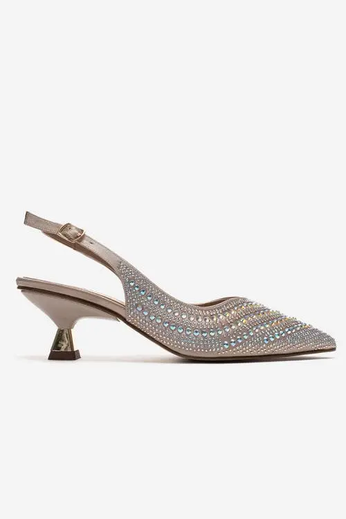 PROLOGUE SHOES Royale Embellished Kitten Heel Slingback Pumps - Beige