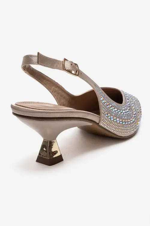 PROLOGUE SHOES Royale Embellished Kitten Heel Slingback Pumps - Beige