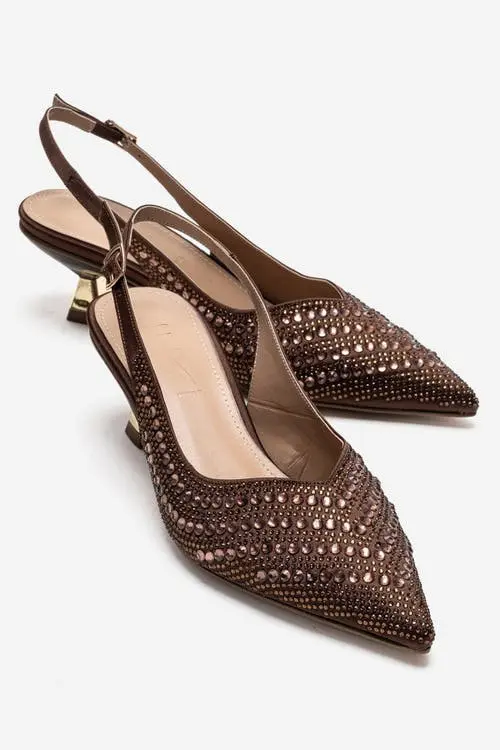 PROLOGUE SHOES Royale Embellished Kitten Heel Slingback Pumps - Brown