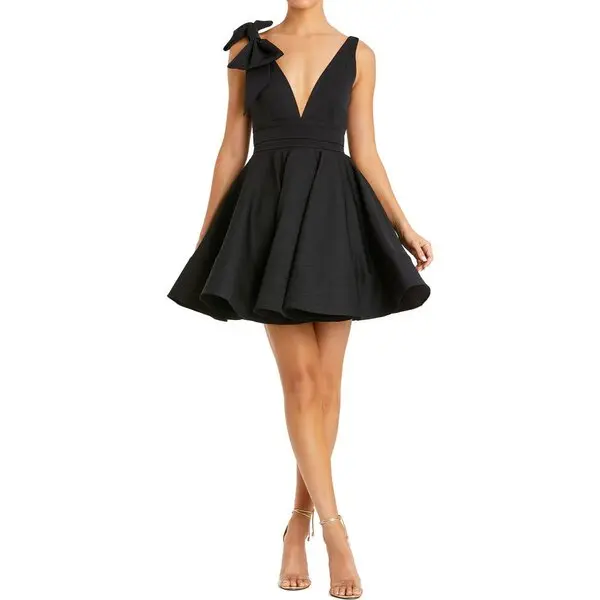 Mac Duggal Crepe Bow Strap Fit And Flare Mini Dress - Black
