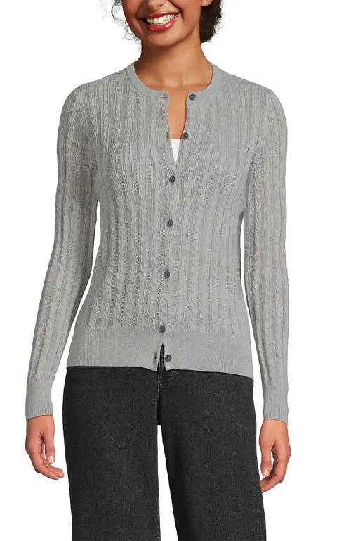 LANDS' END Cotton Pointelle Modern Cardigan Sweater - Gray Heather