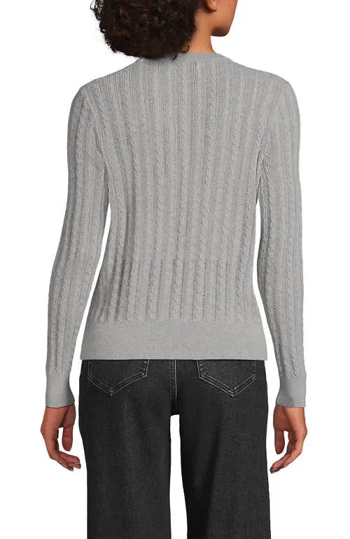 LANDS' END Cotton Pointelle Cardigan Sweater - Gray Heather