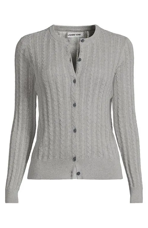 LANDS' END Cotton Pointelle Cardigan Sweater - Gray Heather
