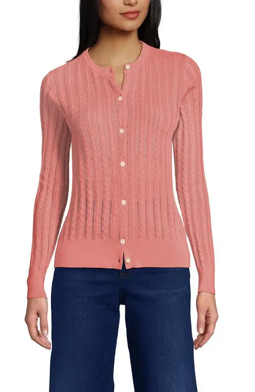 LANDS' END Cotton Pointelle Modern Cardigan Sweater - Sunset Coral Pink