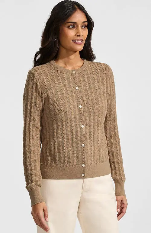LANDS' END Cotton Pointelle Modern Cardigan Sweater - Vicuna Heather