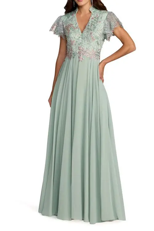Mac Duggal Embroidered Chiffon Gown With Ruffle Sleeves - Sage