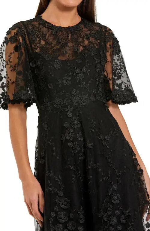 Mac Duggal Flutter Sleeve Embroidered Cocktail Midi Dress - Black