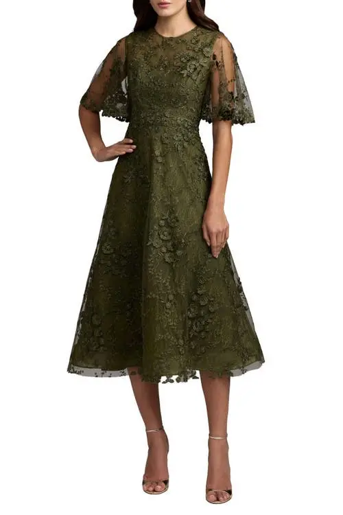 Mac Duggal Flutter Sleeve Embroidered Cocktail Midi Dress - Olive
