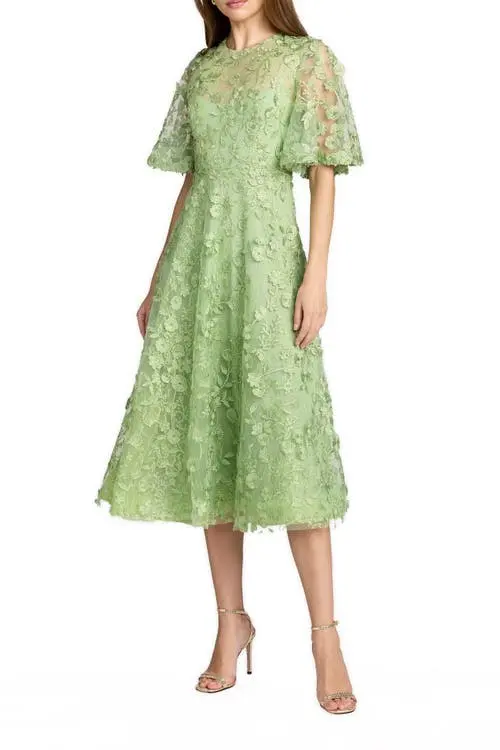 Mac Duggal Flutter Sleeve Embroidered Midi Dress - Sage