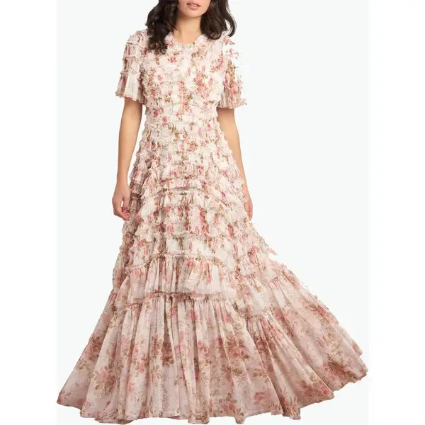NEEDLE & THREAD Summer's Rose Valentine Ruffle Gown - White