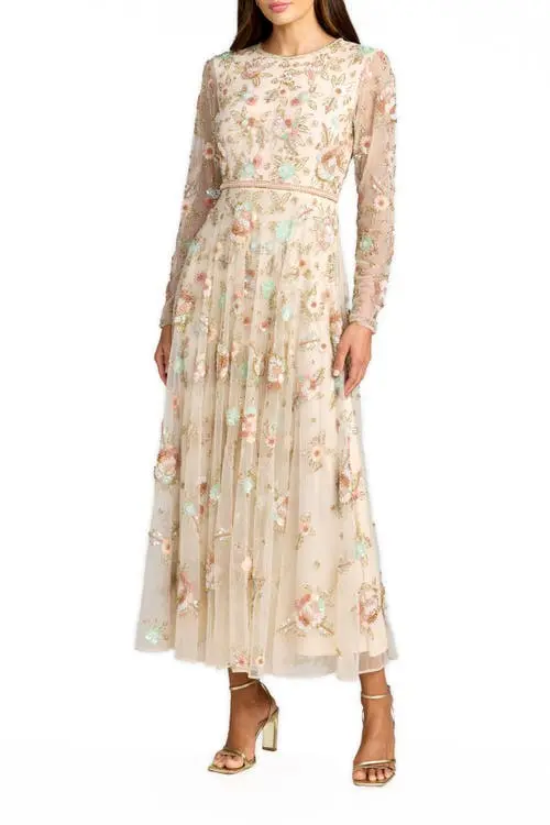 Mac Duggal Floral Embellished Long Sleeve Mesh Midi Dress - Beige Multi