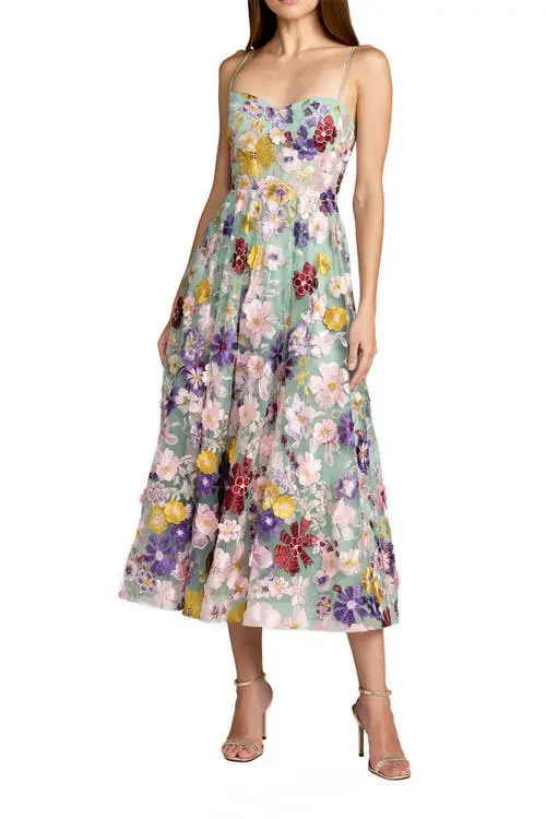 Mac Duggal Sweetheart Neck Embroidered Midi Dress - Sage Multi