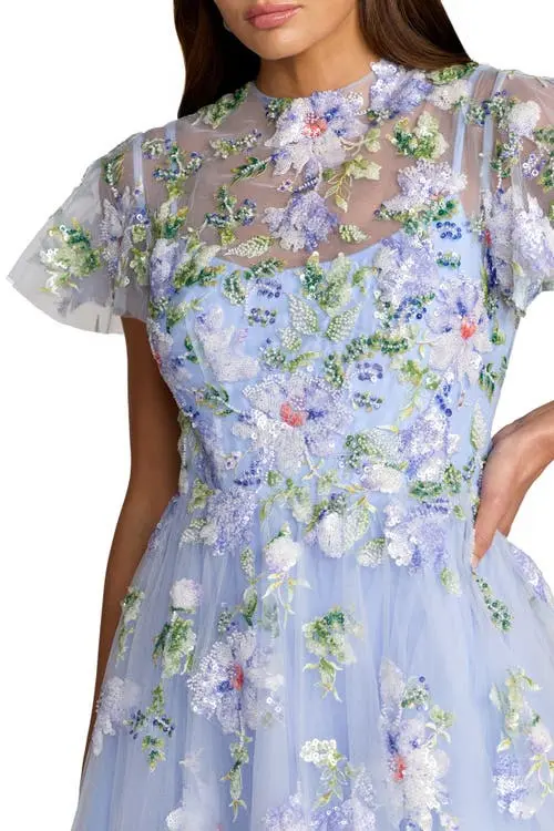 Mac Duggal Flutter Sleeve Embroidered A-line Midi Dress