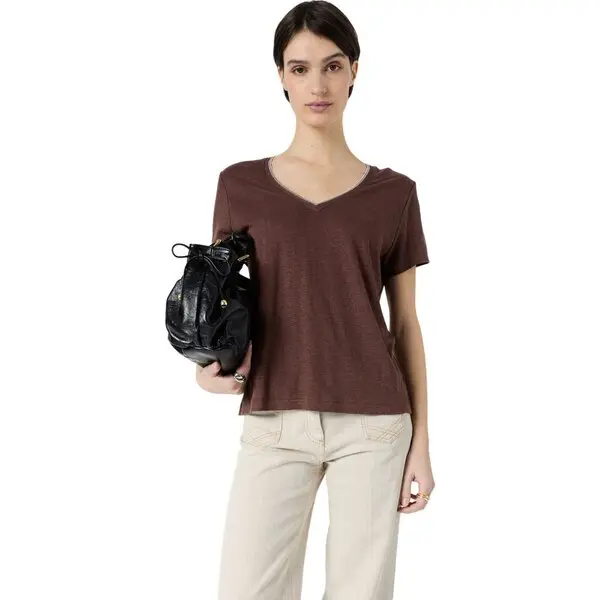 Gerard Darel Mirana Linen V-neck T-shirt With Lurex Collar Detail - Brown