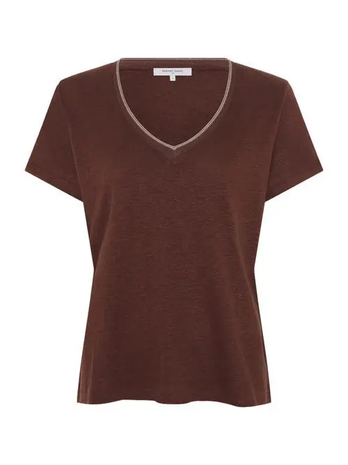 Gerard Darel Mirana Linen V-neck T-shirt With Lurex Collar Detail - Brown