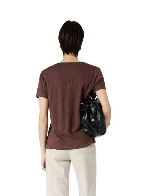 Gerard Darel Mirana Linen V-neck T-shirt With Lurex Collar Detail - Brown